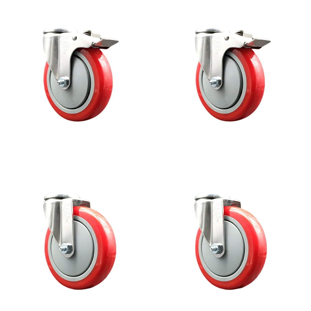 5 Inch 316SS Red Polyurethane Swivel Bolt Hole Caster Set with 2 Lock ...