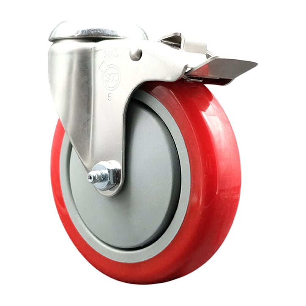 5 Inch 316SS Red Polyurethane Swivel Bolt Hole Caster with Total Lock ...