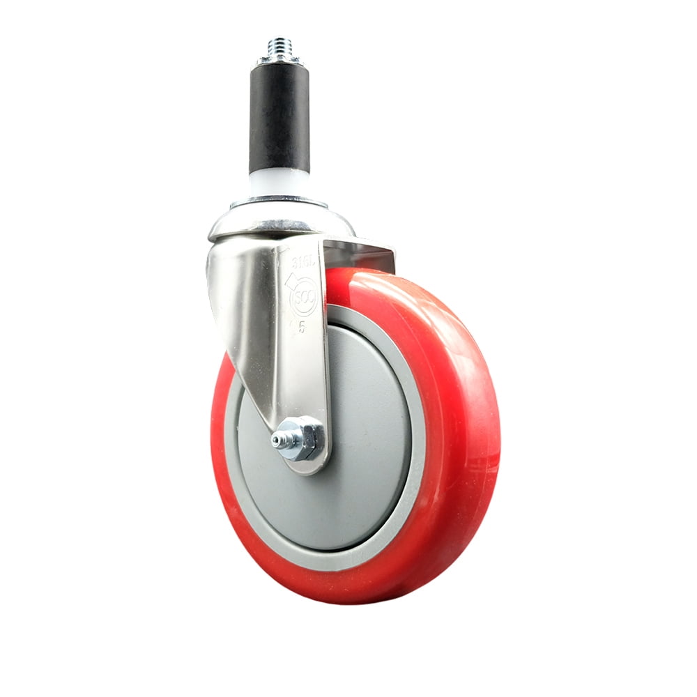 5 Inch 316SS Red Polyurethane Wheel Swivel 1-1/4 Inch Expanding Stem ...