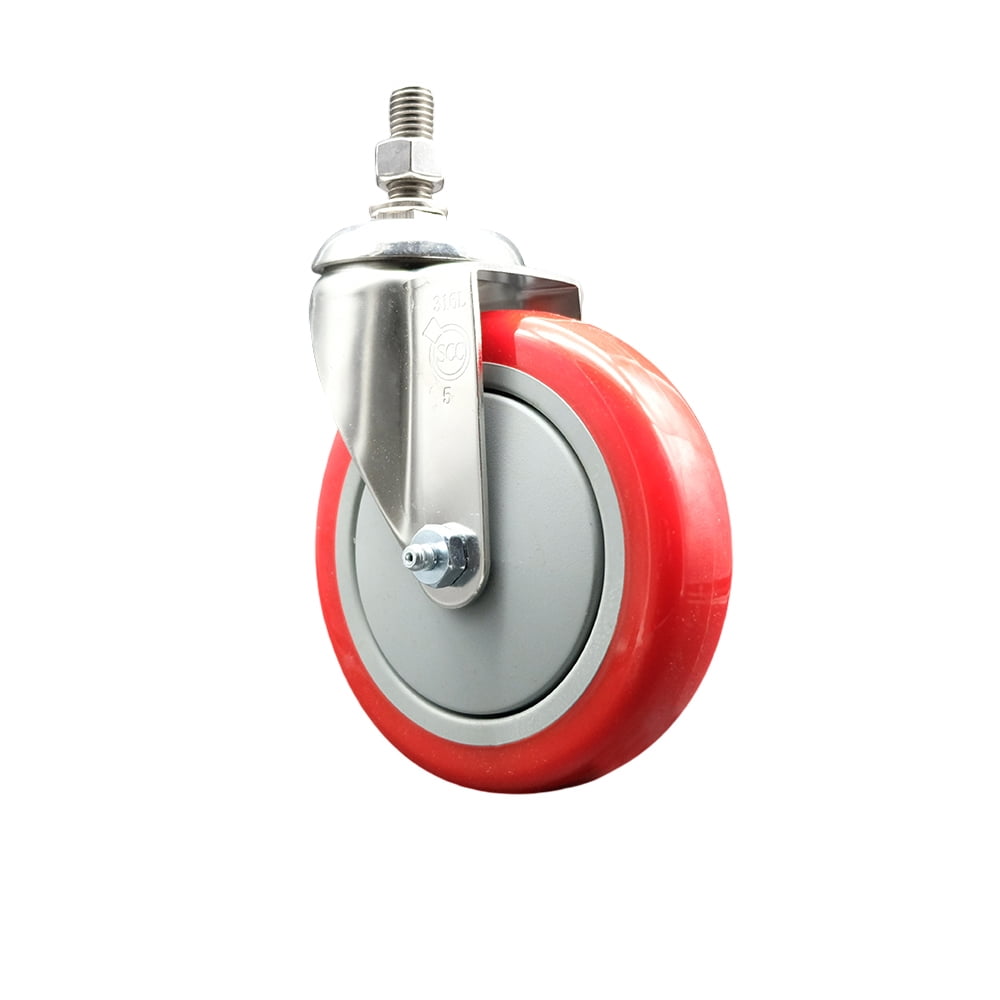 5 Inch 316SS Red Polyurethane Wheel Swivel 12mm Threaded Stem Caster ...