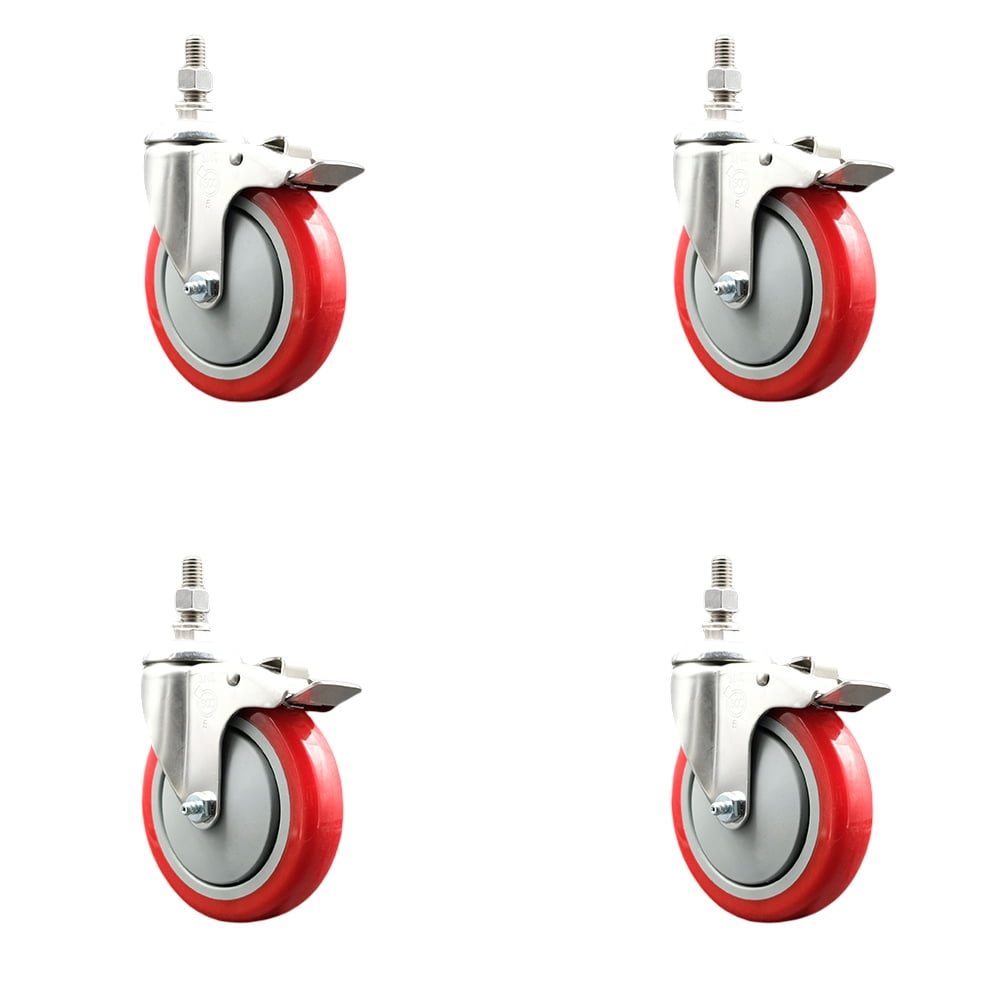 5 Inch 316SS Red Polyurethane Wheel Swivel 3/8 Inch Stem Caster Set ...