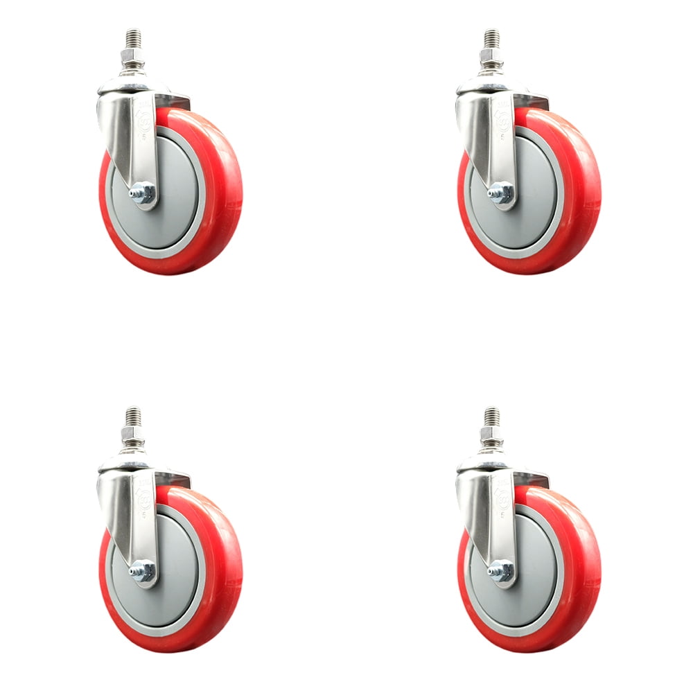 5 Inch 316SS Red Polyurethane Wheel Swivel ½ Inch Threaded Stem Caster ...