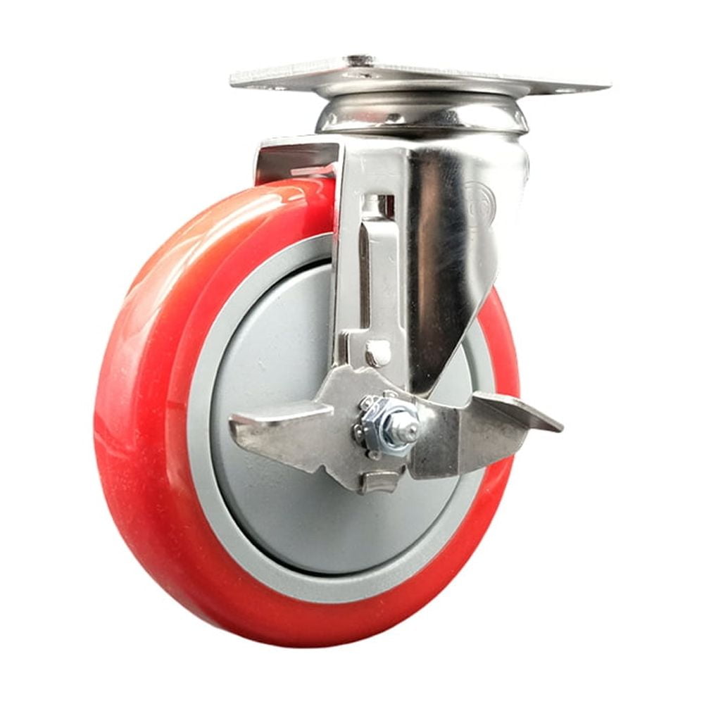 5 Inch 316SS Red Polyurethane Wheel Swivel Top Plate Caster with Brake ...