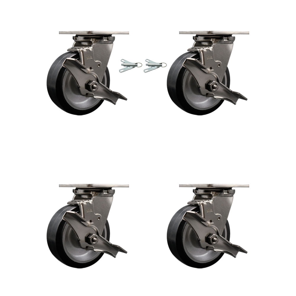 5 Inch 316SS Rubber on Aluminum Caster Set w/Delrin Bearing 4 Brake 2 Swivel Lck - Walmart.com