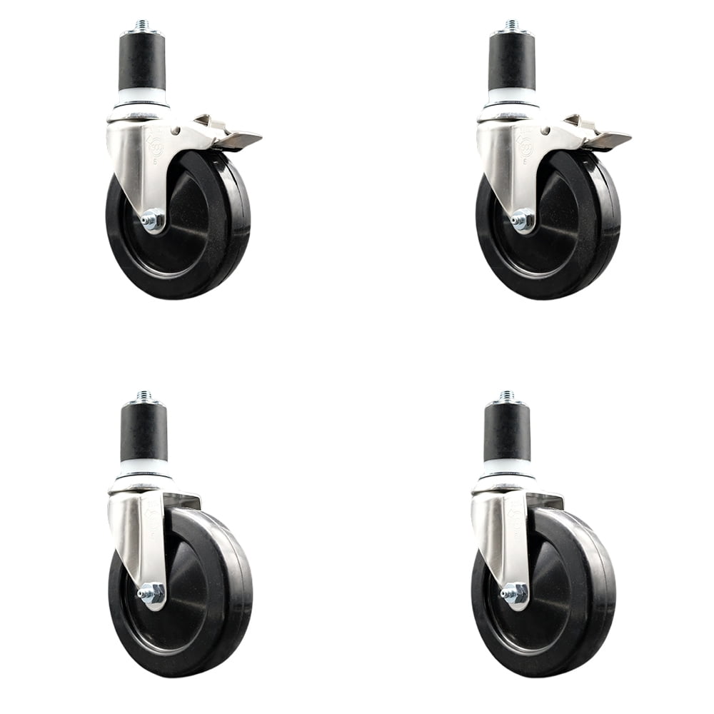 5 Inch 316SS Soft Rubber Swivel 1-7/8 Inch Stem Caster Set 2 Lock Brake ...