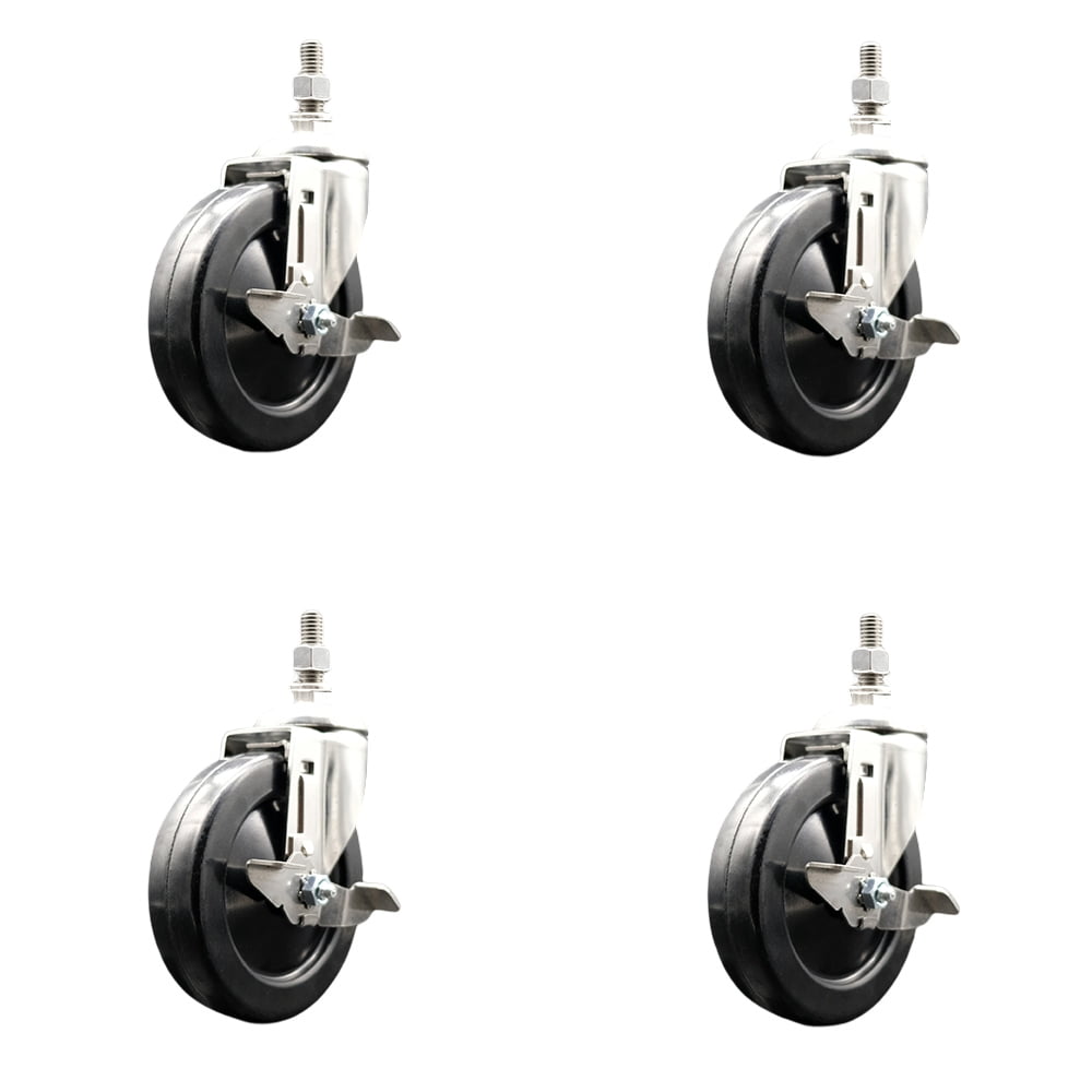 5 Inch 316SS Soft Rubber Wheel Swivel 3/8 Inch Threaded Stem Caster Set ...