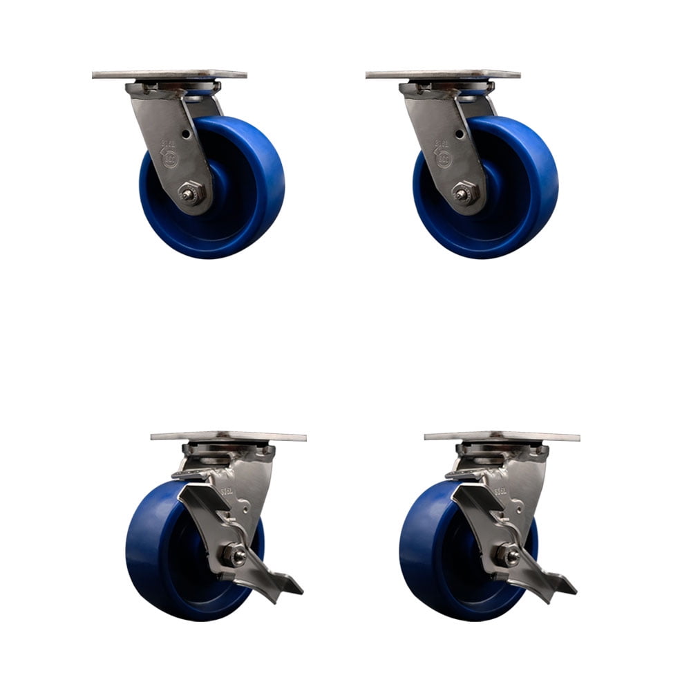 5 Inch 316SS Solid Poly Swivel Caster Set with Delrin Bearings 2 Brakes ...