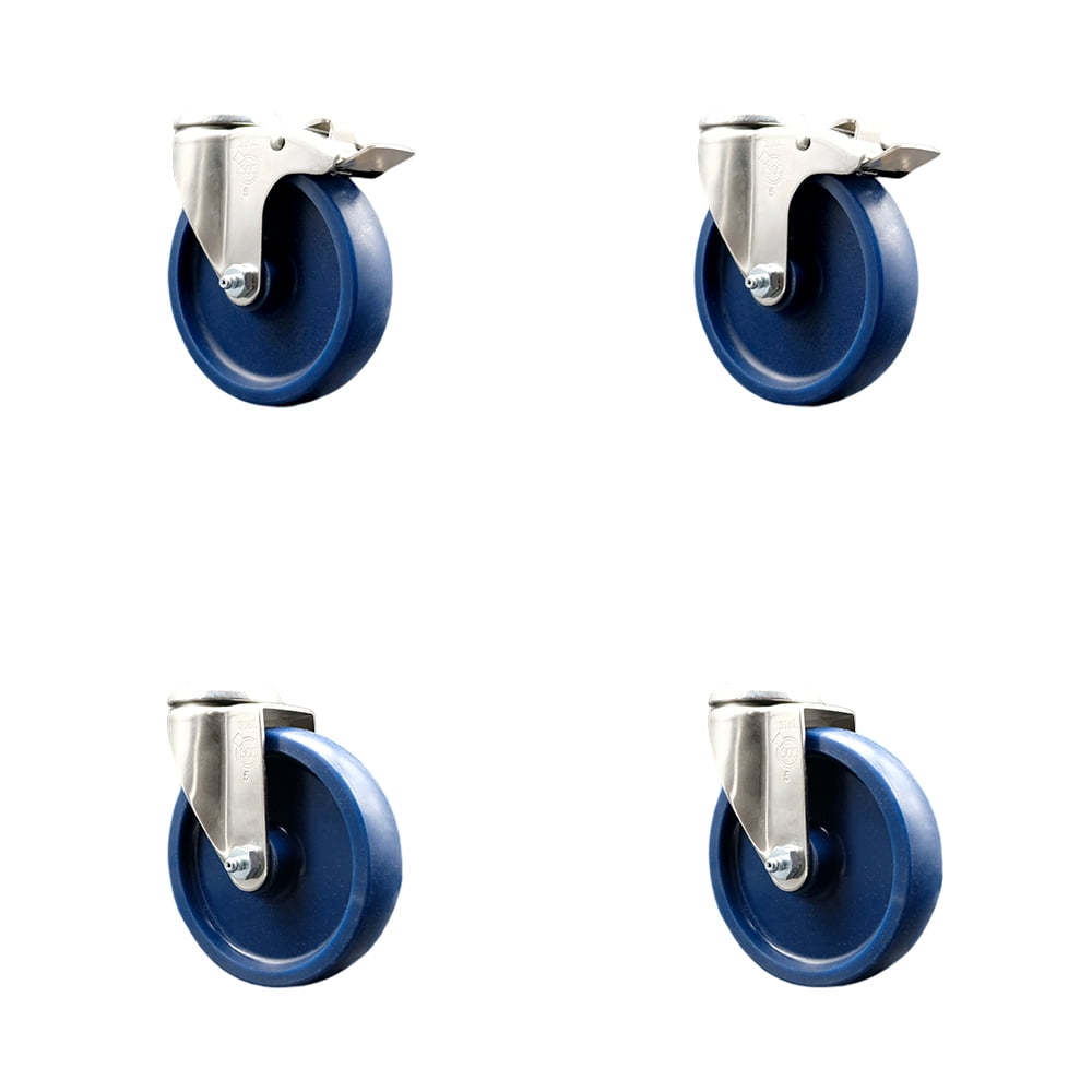5 Inch 316SS Solid Polyurethane Swivel Bolt Hole Caster Set with 2 Lock ...