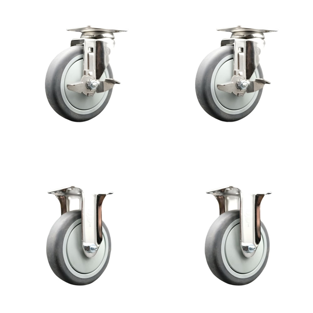 5 Inch 316SS Thermoplastic Rubber Swivel Top Plate Caster Set 2 Brake 2 ...