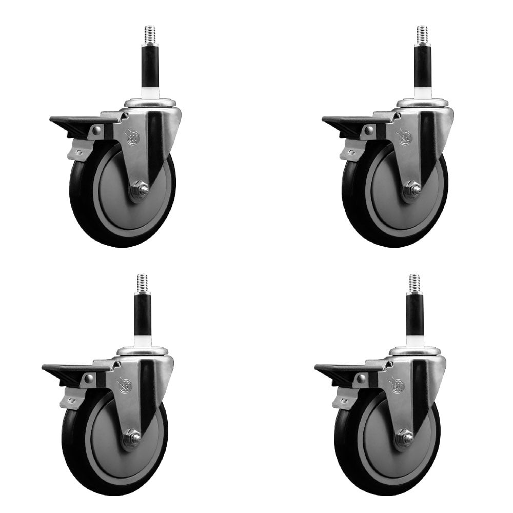 5 Inch Black Poly Swivel 7/8 Inch Expanding Stem Caster Set with Brake ...