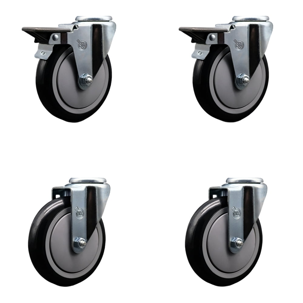 5 Inch Black Poly Wheel Swivel Bolt Hole Caster Set with 2 Posi Lock ...