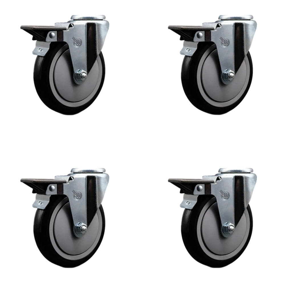 5 Inch Black Poly Wheel Swivel Bolt Hole Caster Set with Posi Lock ...