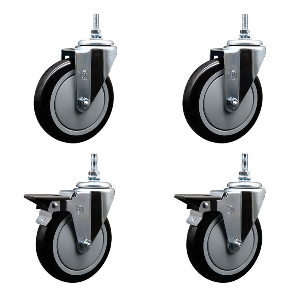 5 Inch Black Polyurethane 3/8 Inch Threaded Stem Caster Set 2 Brakes ...