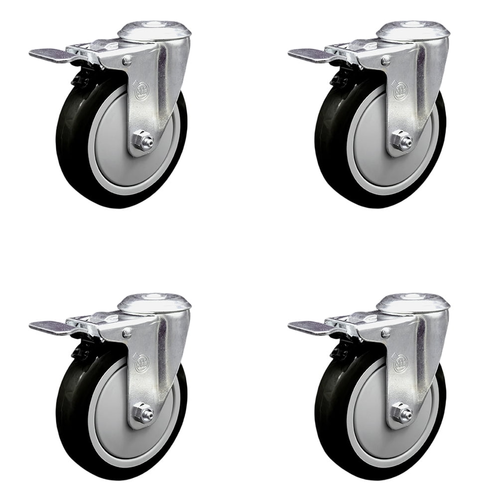 5 Inch Black Polyurethane Swivel Bolt Hole Caster Set with Total Lock ...