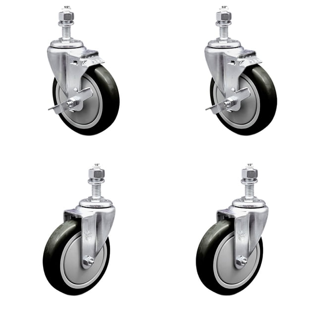 5 Inch Black Polyurethane Wheel Swivel ½ Inch Threaded Stem Caster Set ...