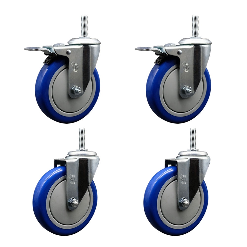 5 Inch Blue Poly Swivel 5/8 Inch Threaded Stem Caster Set 2 Total Lock ...