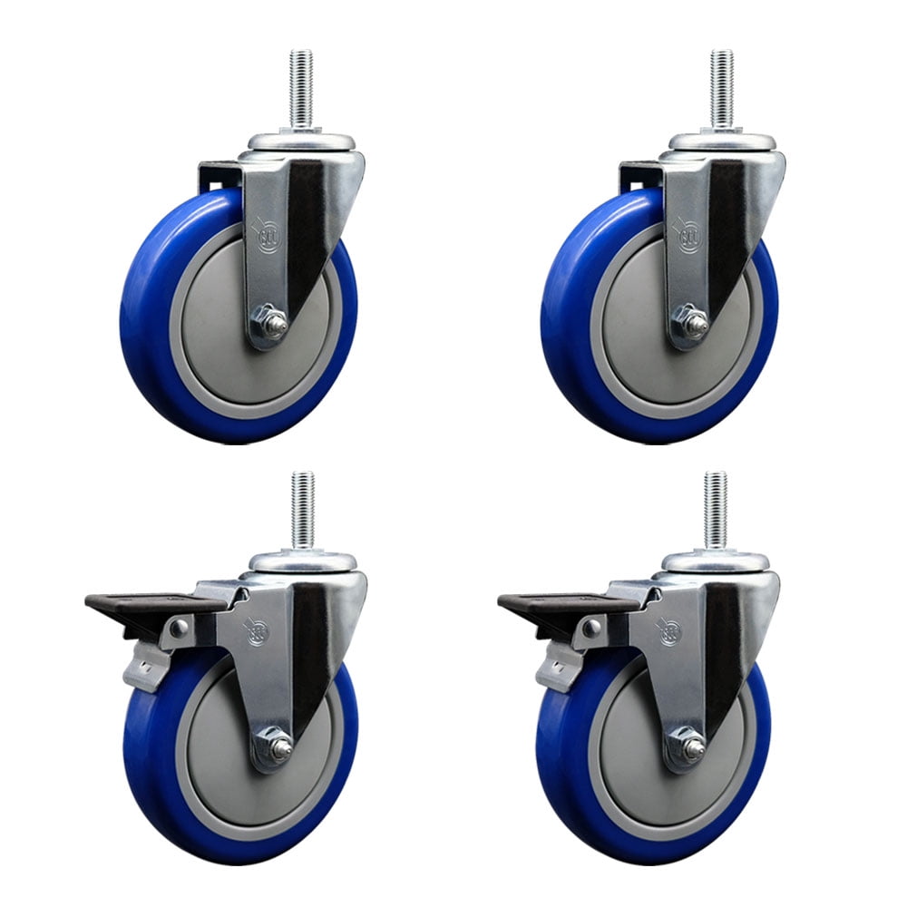 5 Inch Blue Poly Wheel Swivel 3/4 Inch Threaded Stem Caster Set 2 ...