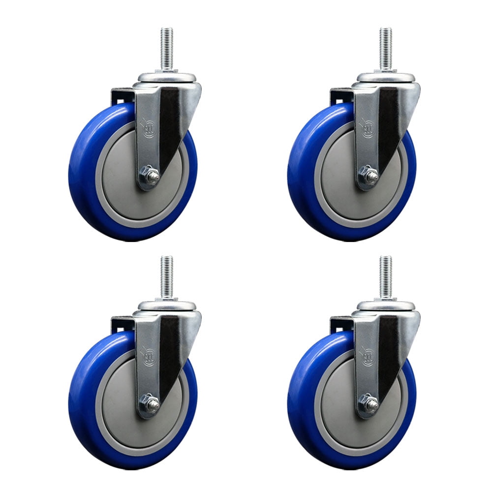 5 Inch Blue Poly Wheel Swivel 3/4 Inch Threaded Stem Caster Set Service ...