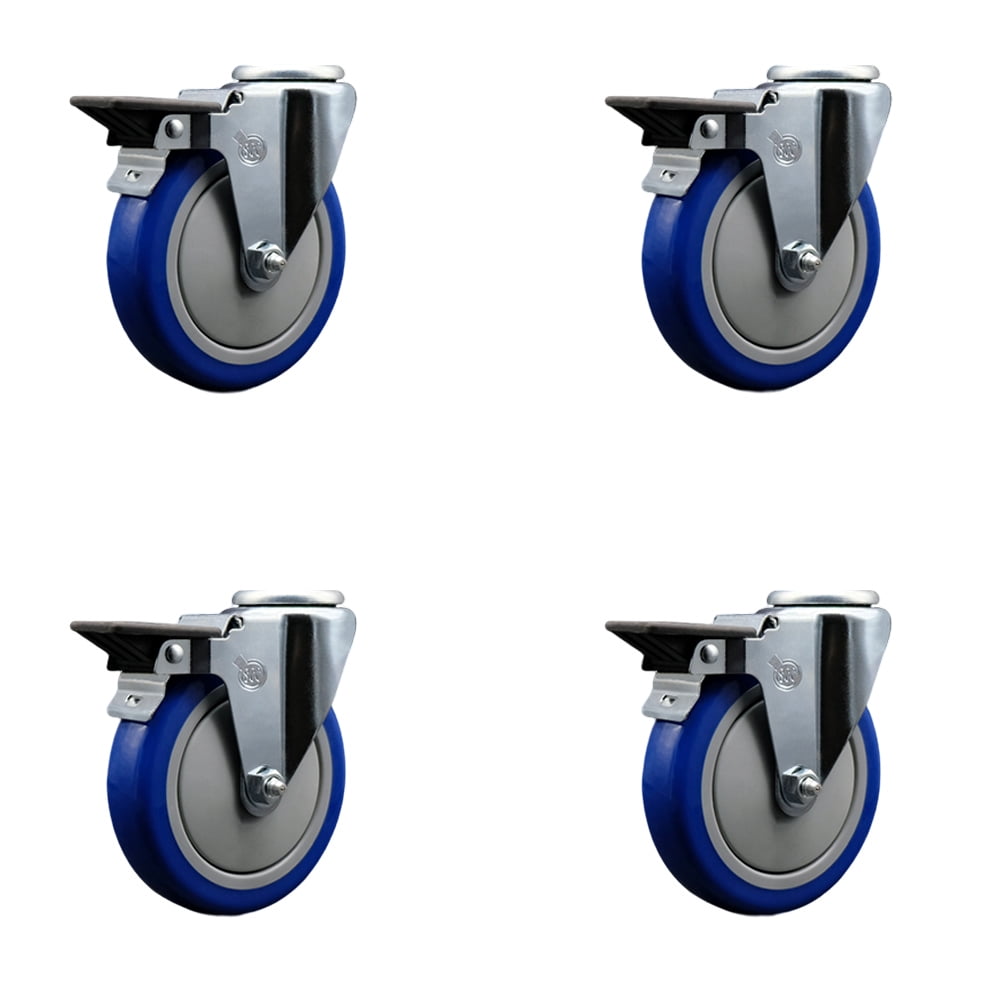 5 Inch Blue Poly Wheel Swivel Bolt Hole Caster Set with Posi Lock ...