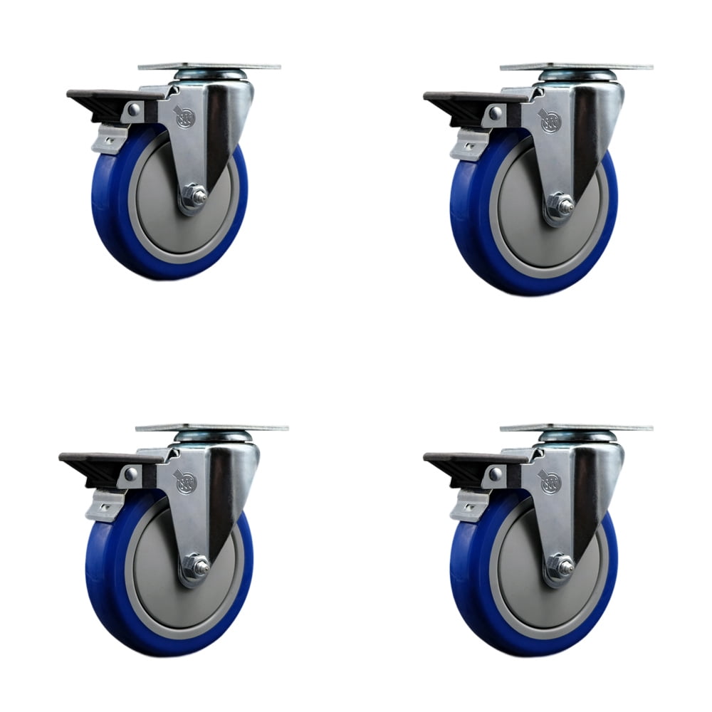 5 Inch Blue Poly Wheel Swivel Top Plate Caster Set Posi Brake Service ...