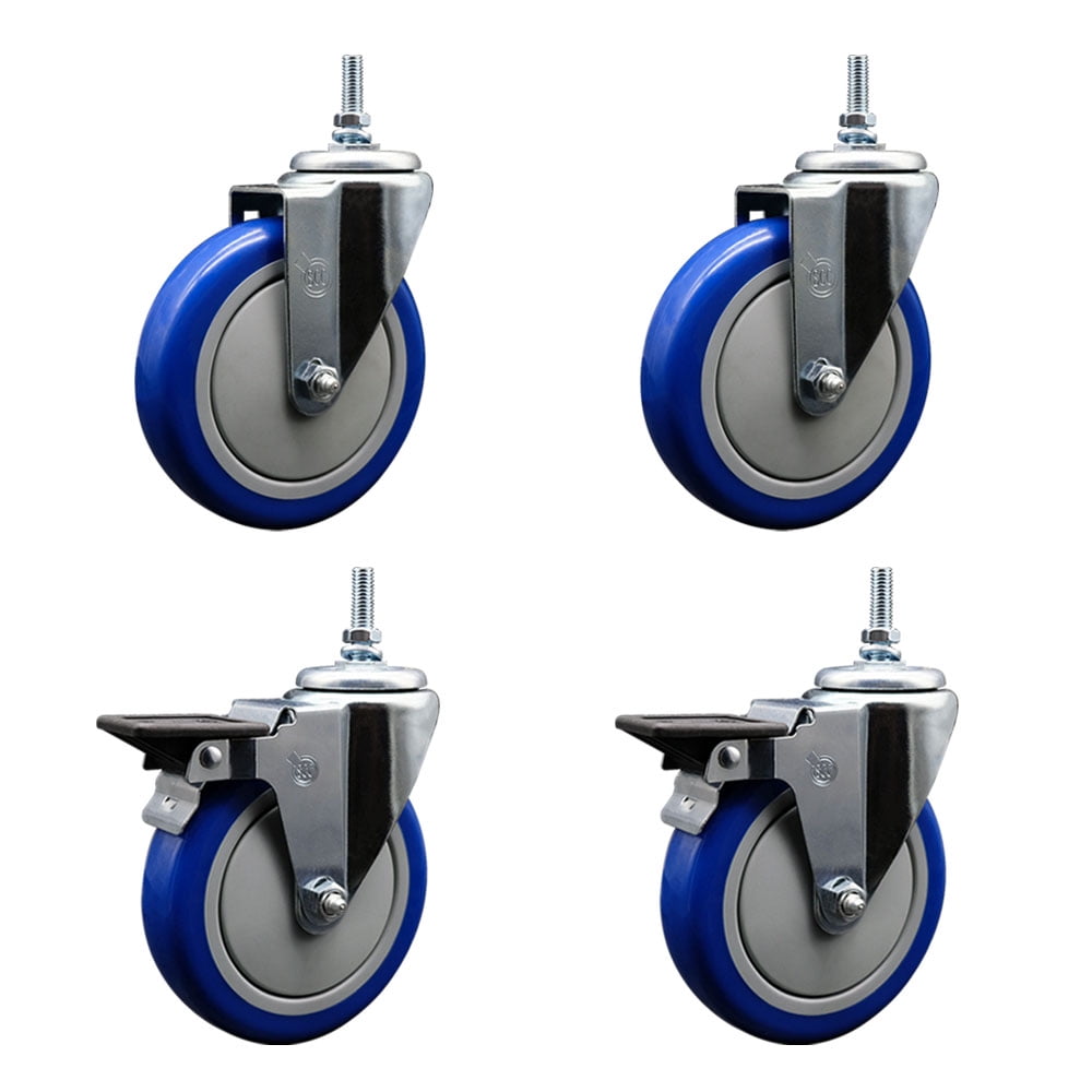 5 Inch Blue Polyurethane 3/8 Inch Threaded Stem Caster Set 2 Brakes SCC ...