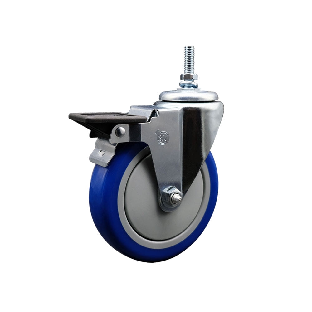 5 Inch Blue Polyurethane 3/8 Inch Threaded Stem Caster with Brake ...