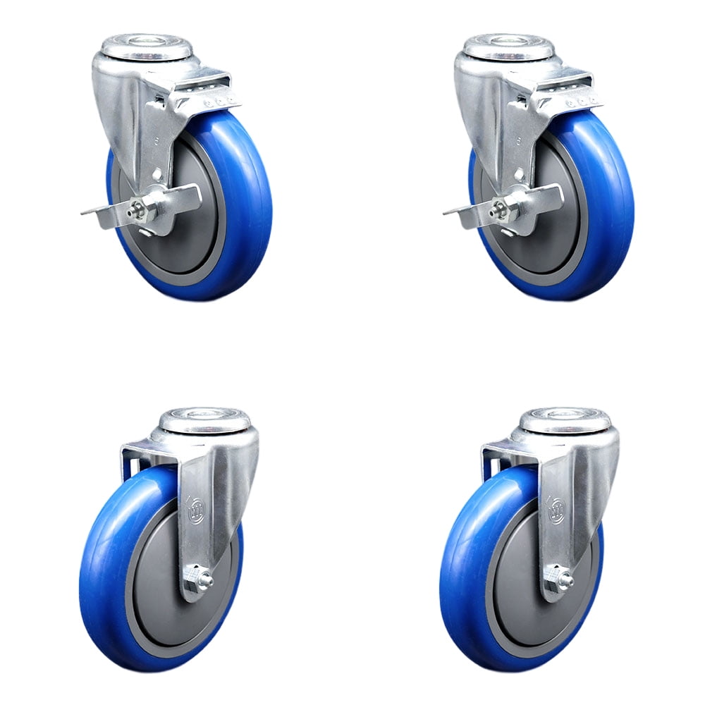 5 Inch Blue Polyurethane Wheel Swivel Bolt Hole Caster Set with 2 Brake ...