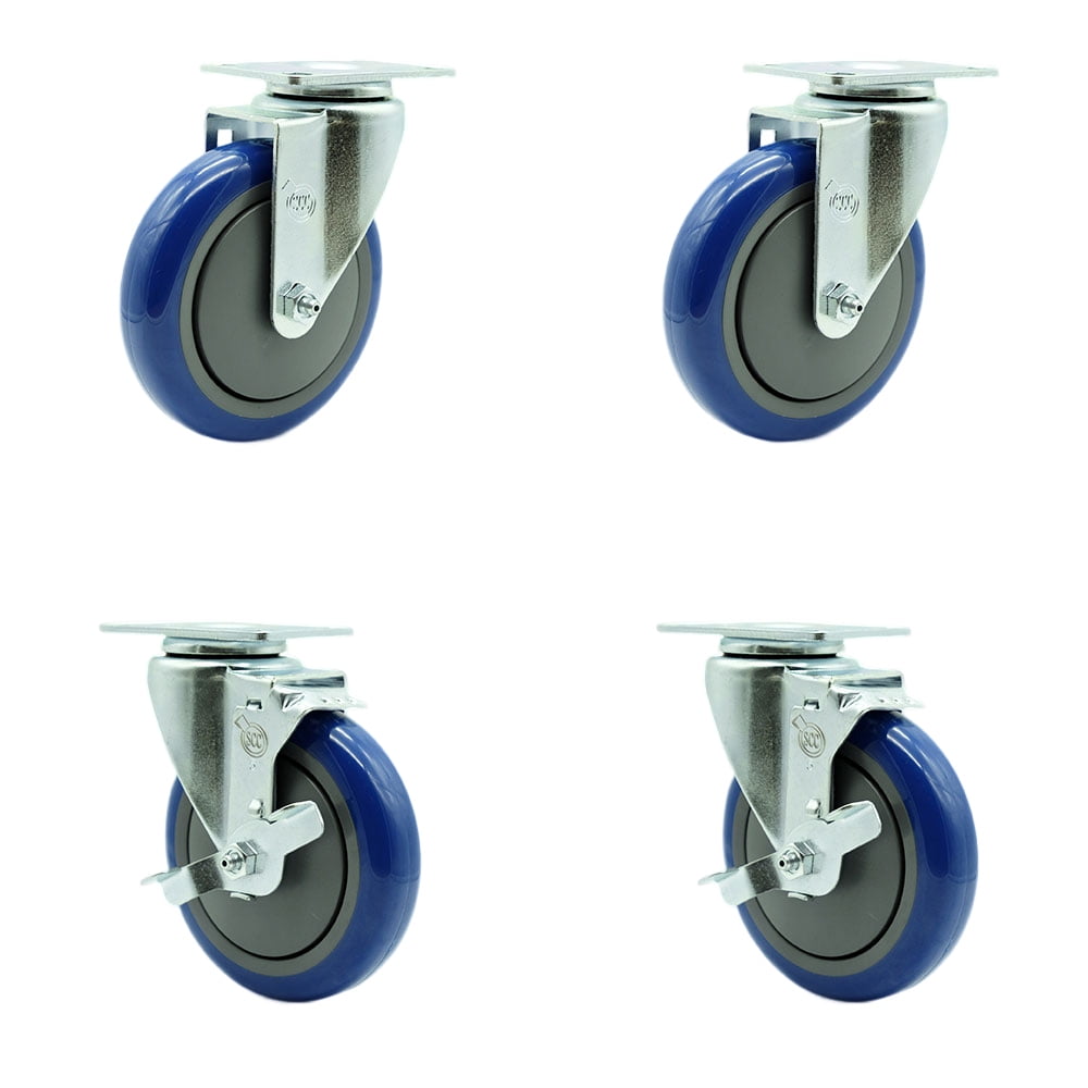 5 Inch Blue Polyurethane Wheel Swivel Top Plate Caster Set with 2 ...