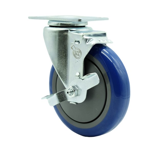 5 Inch Blue Polyurethane Wheel Swivel Top Plate Caster with Brake ...