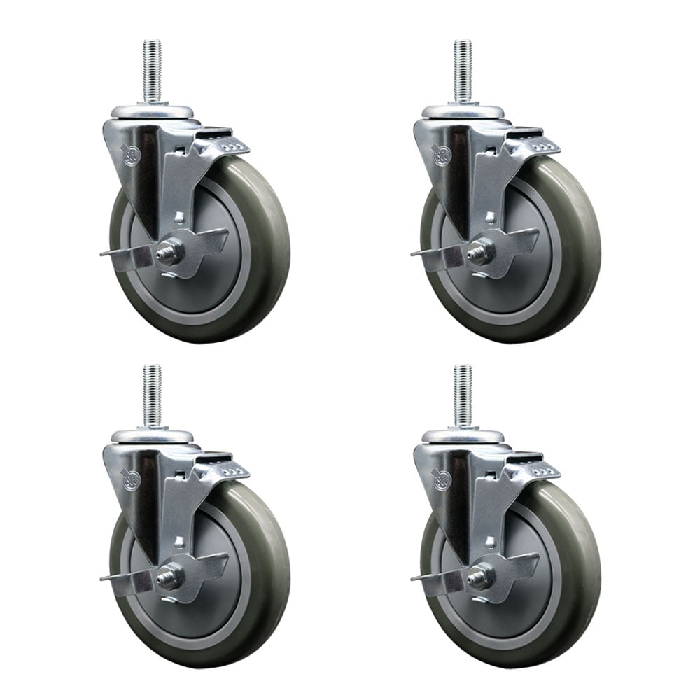 5 Inch Gray Poly Wheel Swivel 3/4 Inch Threaded Stem Caster Set with ...