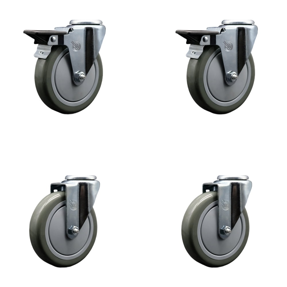 5 Inch Gray Poly Wheel Swivel Bolt Hole Caster Set with 2 Posi Lock ...