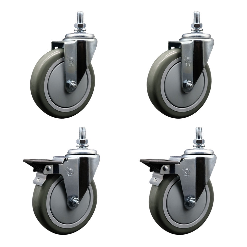 5 Inch Gray Polyurethane 10MM Threaded Stem Caster Set 2 Brakes SCC ...