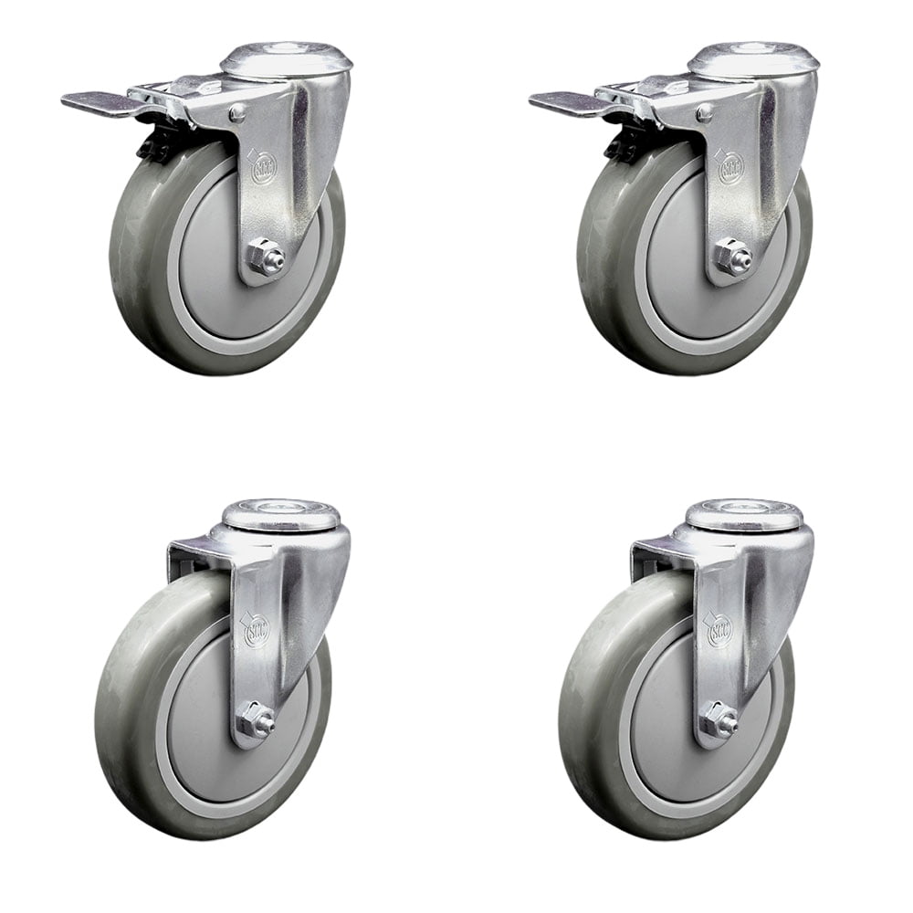 5 Inch Gray Polyurethane Swivel Bolt Hole Caster Set with 2 Total Lock ...