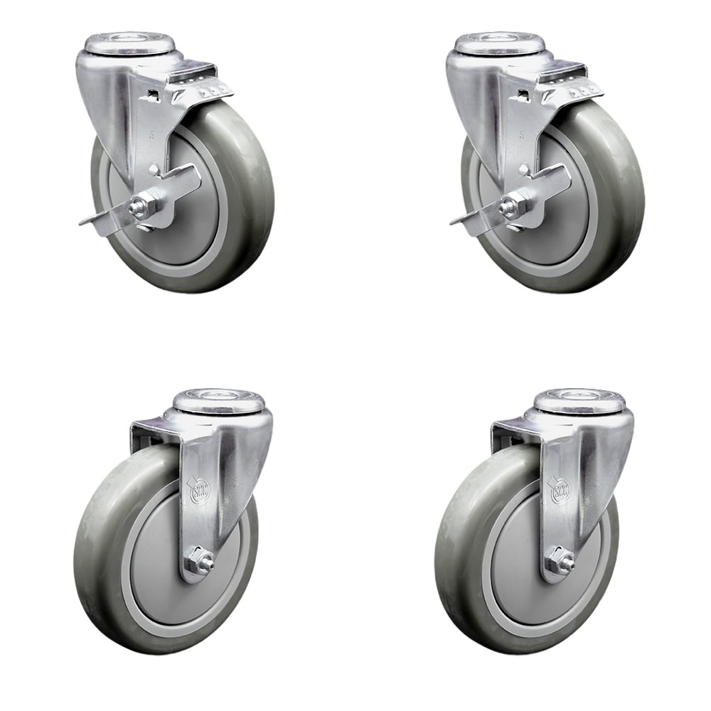 5 Inch Gray Polyurethane Wheel Swivel Bolt Hole Caster Set with 2 Brake ...