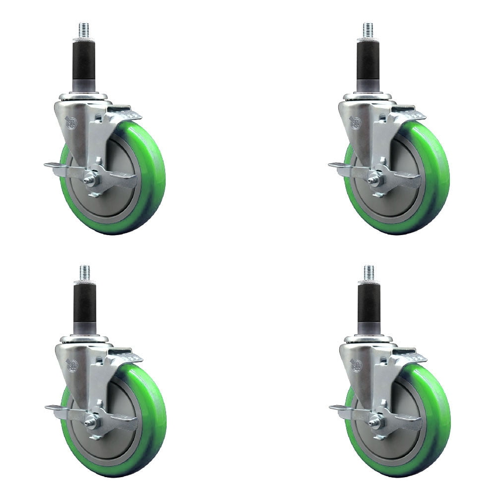 5 Inch Green Poly Swivel 1-1/8 Inch Expanding Stem Caster Set with ...