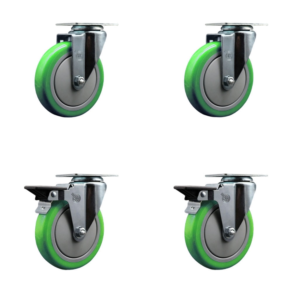 5 Inch Green Poly Wheel Swivel Top Plate Caster Set with 2 Posi Brakes ...