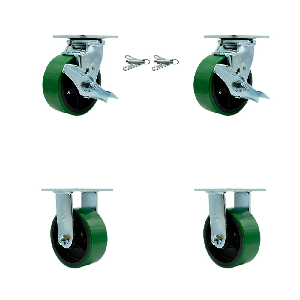 5 Inch Green Poly on Cast Iron Caster Set with 2 Brakes/Swivel Lock 2 ...