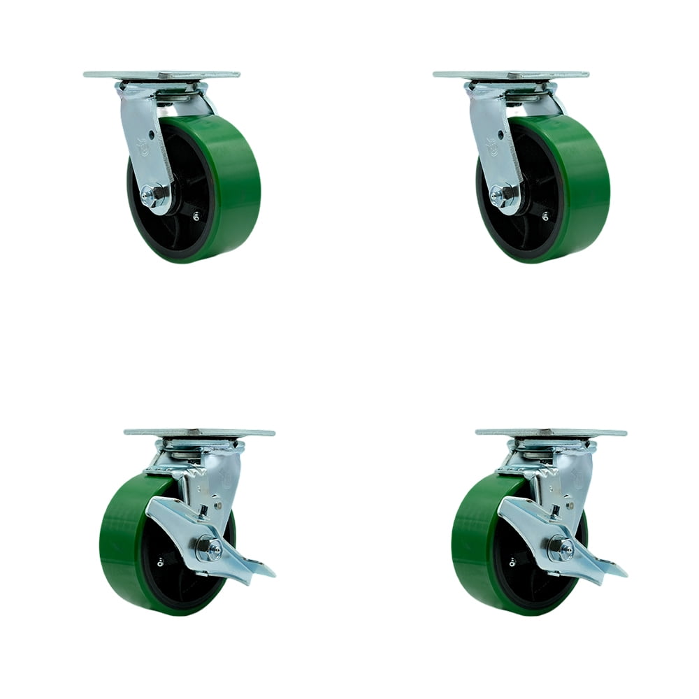 5 Inch Green Poly on Cast Iron Swivel Caster Set with Roller Bearing 2 ...