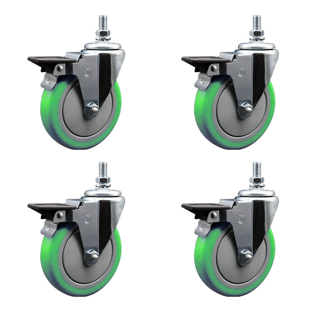 5 Inch Green Polyurethane 10MM Threaded Stem Caster Set with Brake ...