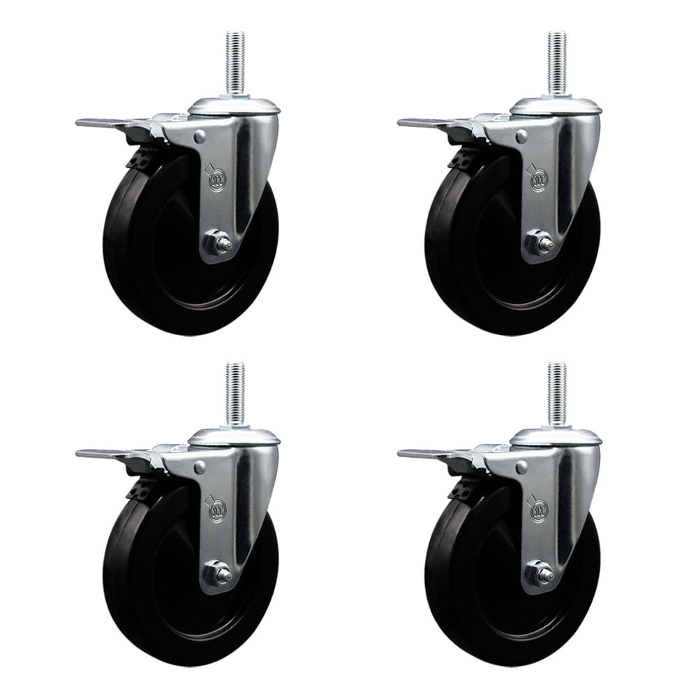 5 Inch Hard Rubber Swivel 3/4 Inch Threaded Stem Caster Set Total Lock ...