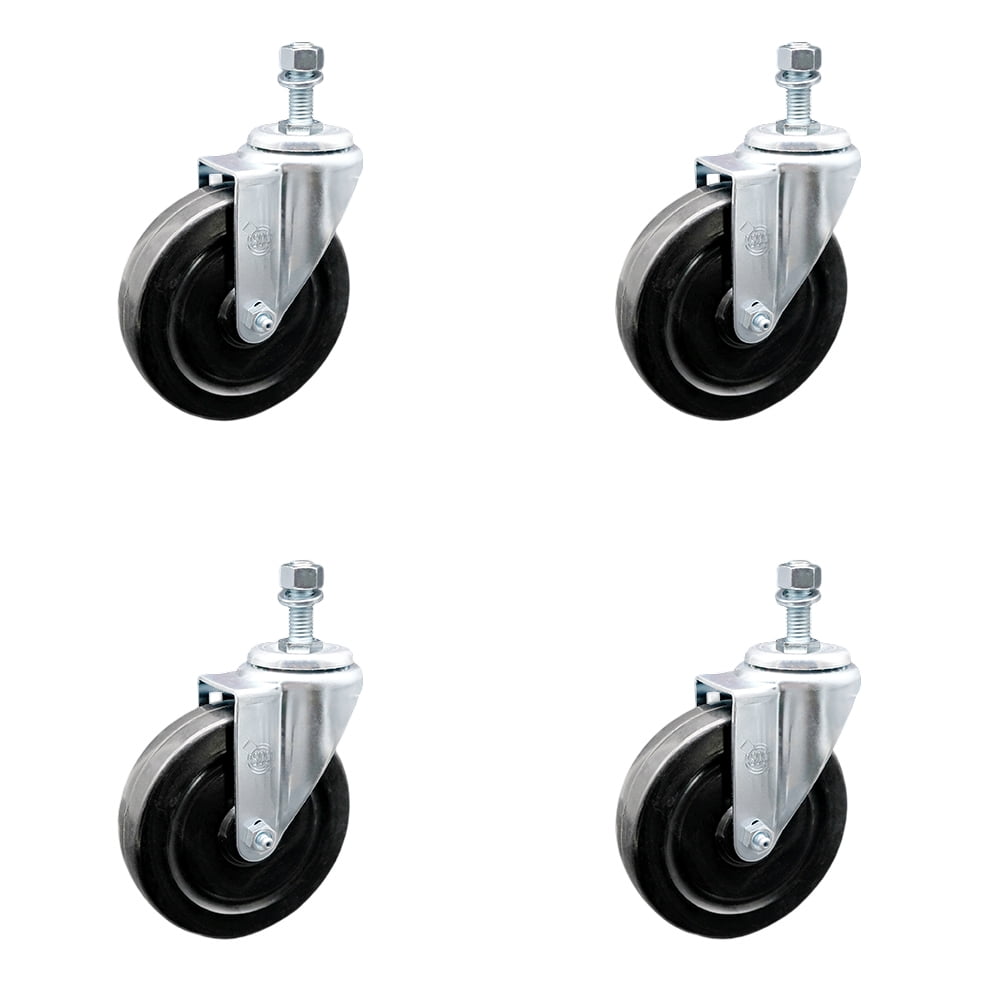 5 Inch Hard Rubber Wheel Swivel 12mm Threaded Stem Caster Set Service ...