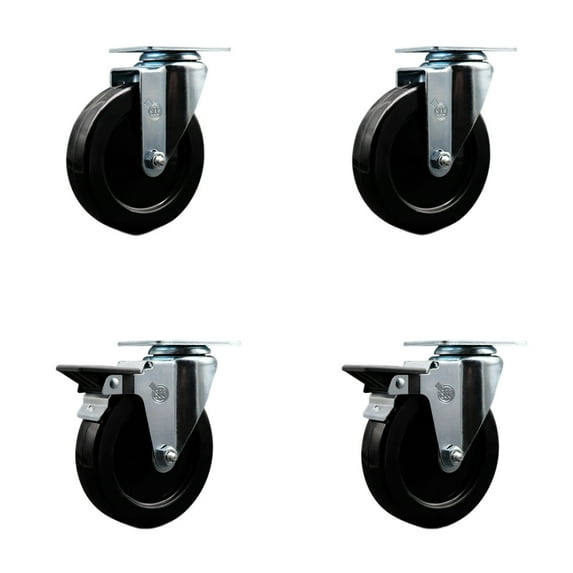 5 Inch Hard Rubber Wheel Swivel Top Plate Caster Set with 2 Posi Brakes ...