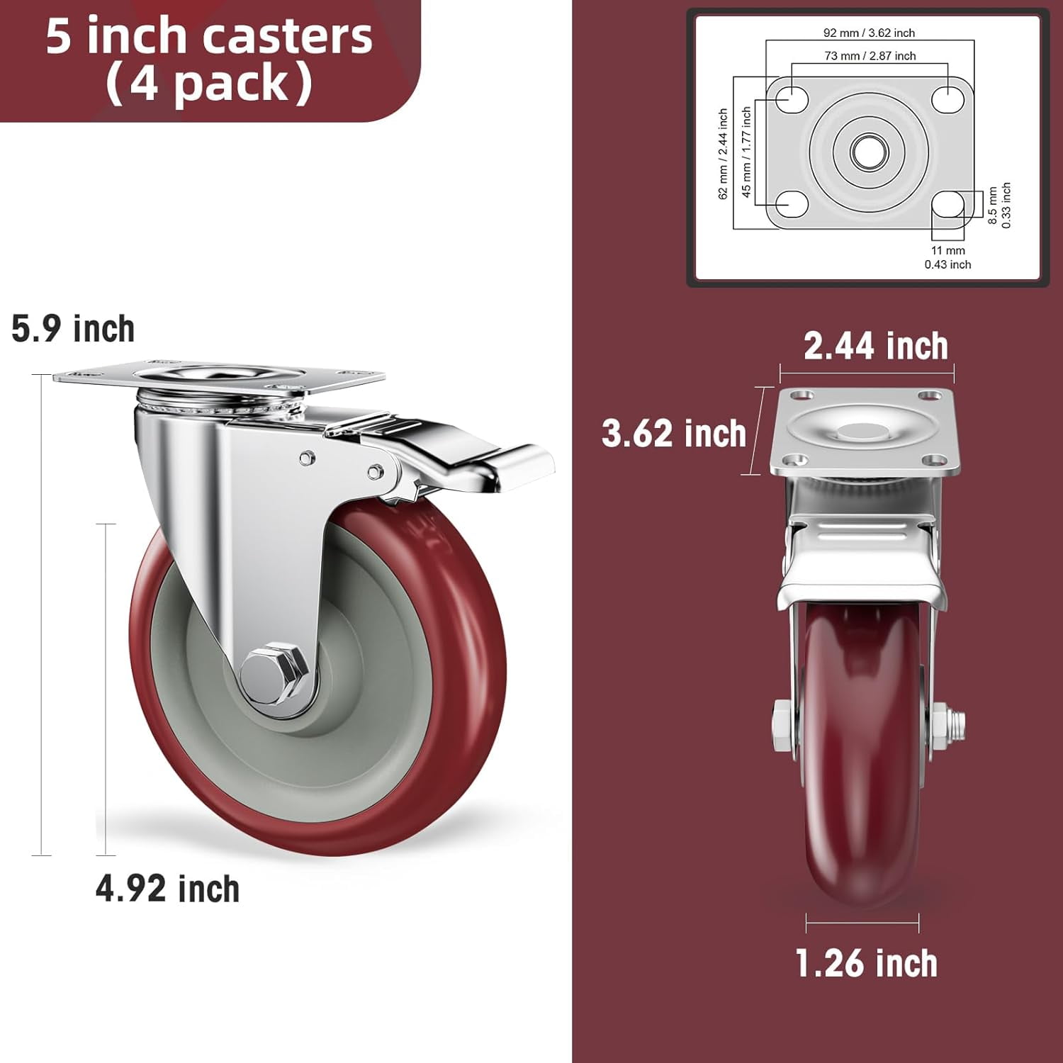 5 Inch Heavy Duty Casters with Brake - 1400lbs Capacity, Non-Marking ...