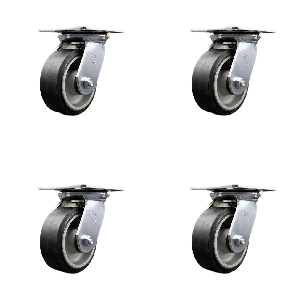 5 Inch Heavy Duty Rubber on Aluminum Caster Set with Roller Bearings ...