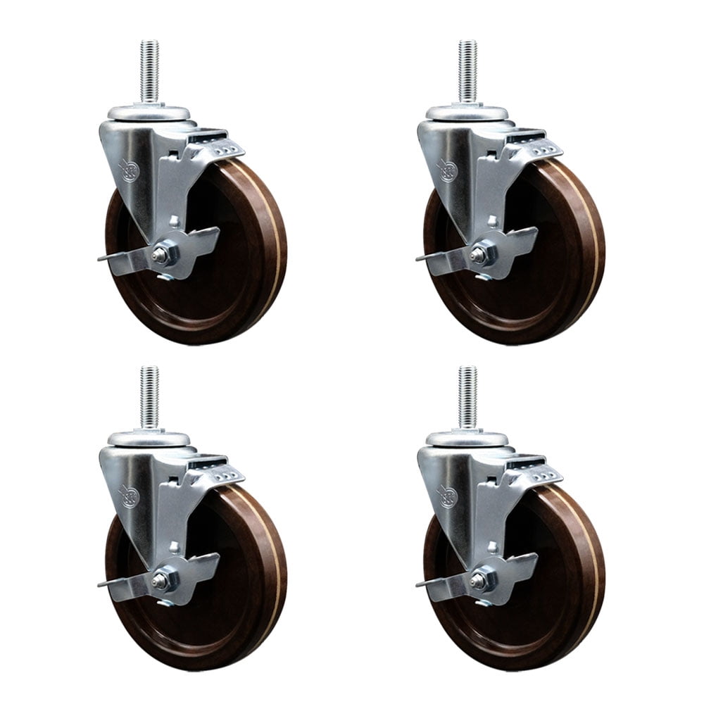 5 Inch High Temp Phenolic 5/8 Inch Threaded Stem Caster Set with Brake ...