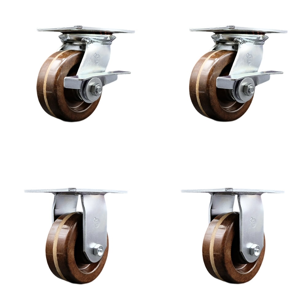 5 Inch High Temp Phenolic Caster Set with Roller Bearing 2 Brakes and 2 ...