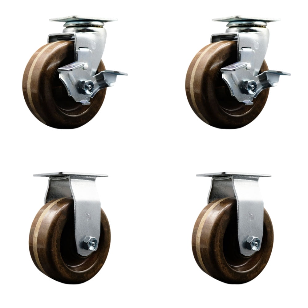 5 Inch High Temp Phenolic Caster Set with Roller Bearings 2 Brakes 2 ...