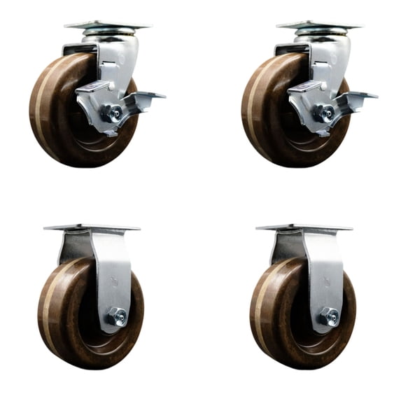 5 Inch High Temp Phenolic Caster Set with Roller Bearings 2 Brakes 2 ...