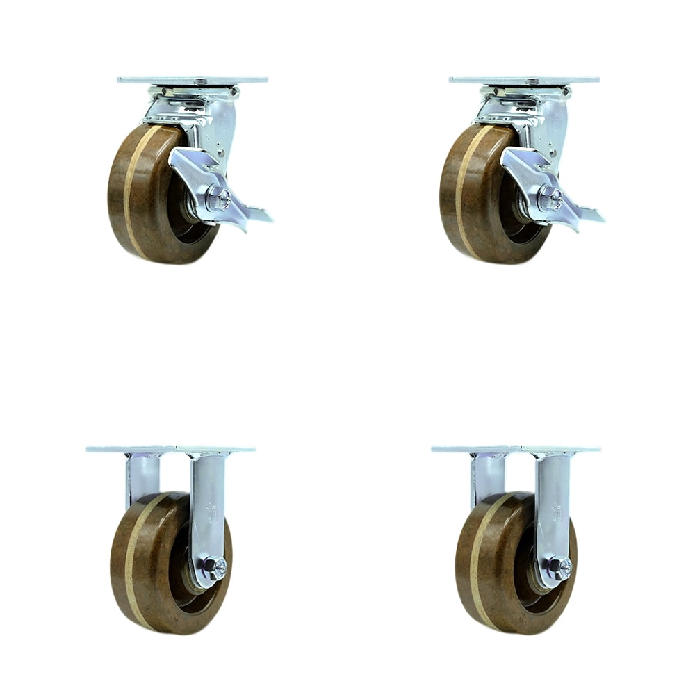 5 Inch High Temp Phenolic Caster Set with Roller Bearings 2 Brakes 2 ...