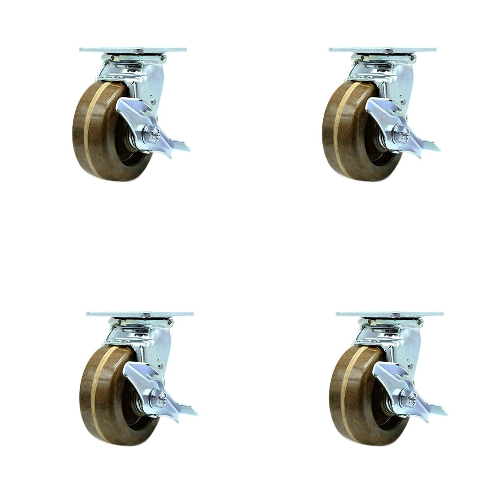 5 Inch High Temp Phenolic Caster Set with Roller Bearings and Brake ...